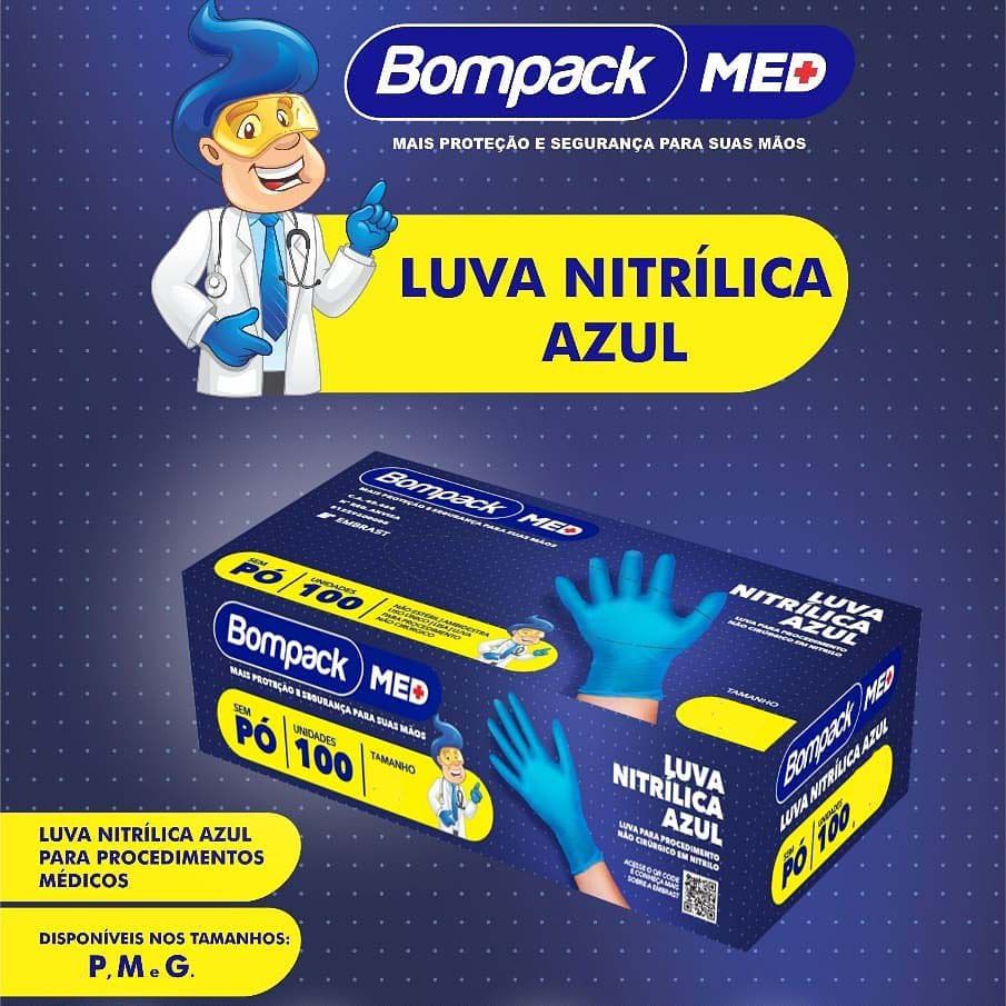 Luva Nitrílica G Azul Sem Talco C/ 100 Un - Bompack - 89 Embalagens